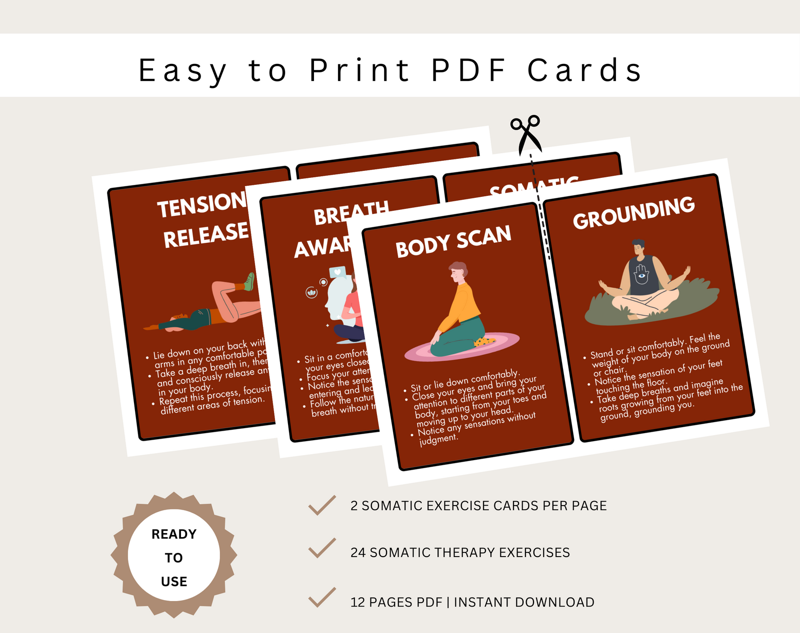 Somatic Therapy Exercises PDF - 24 Printable Cards - Release stress, r