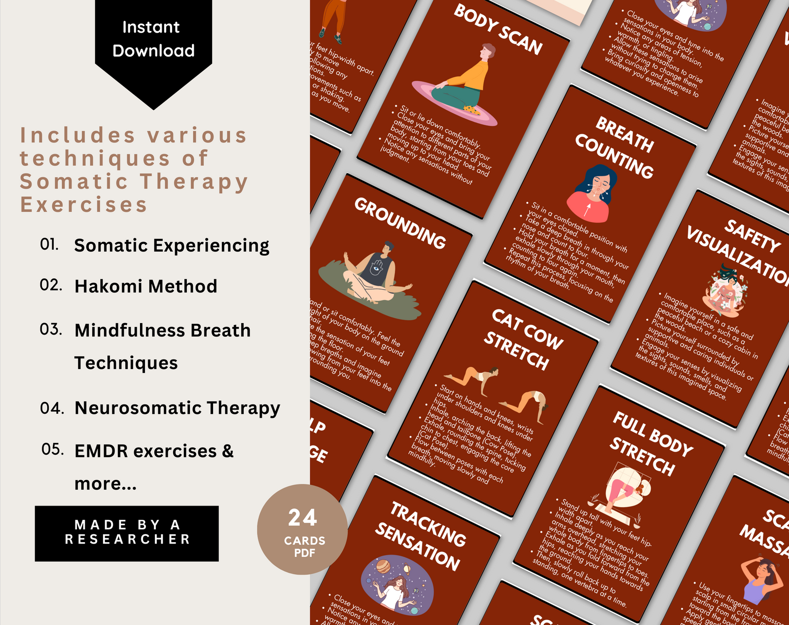 Somatic Therapy Exercises PDF - 24 Printable Cards - Release stress, r