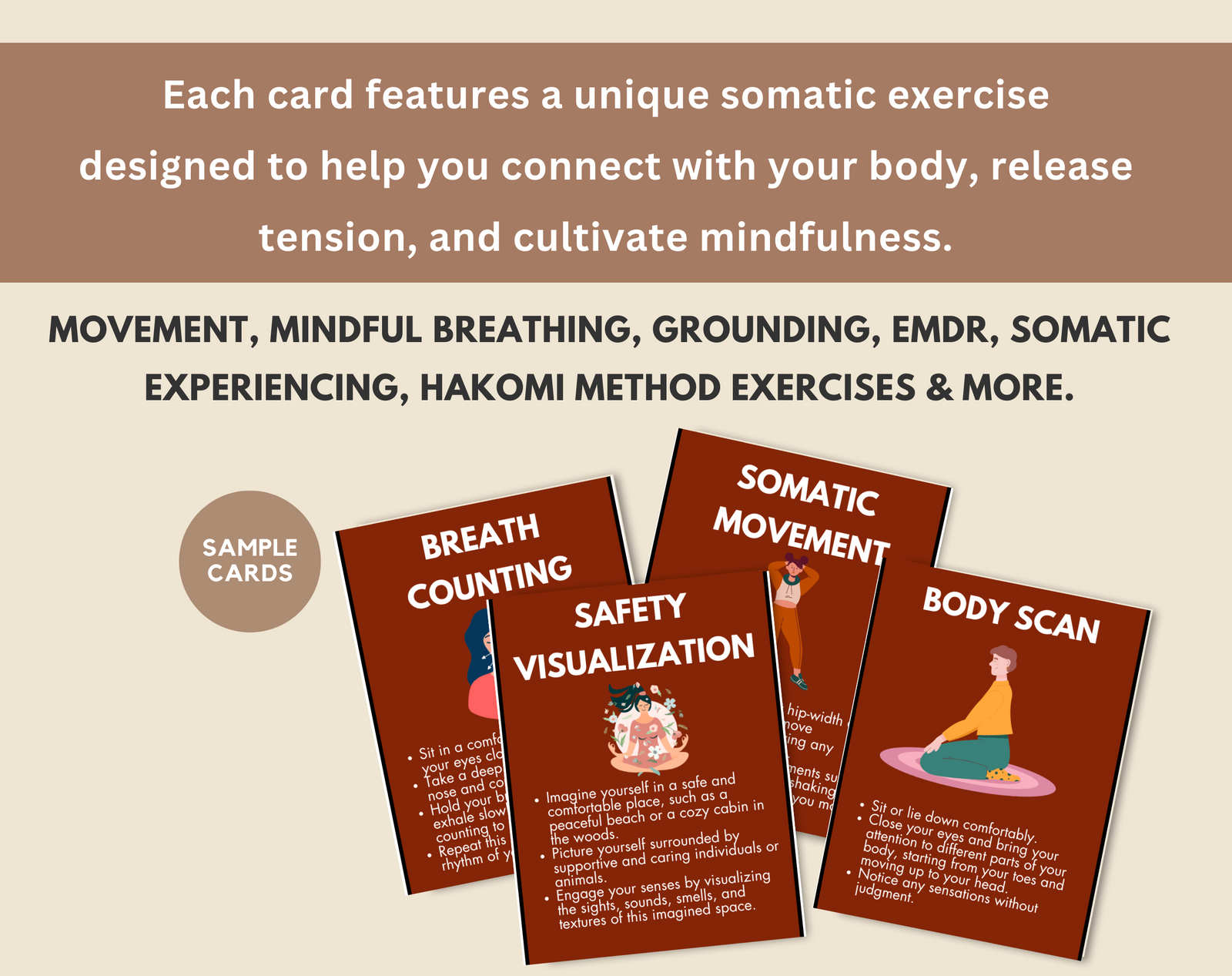 Somatic Therapy Exercises PDF - 24 Printable Cards - Release stress, r
