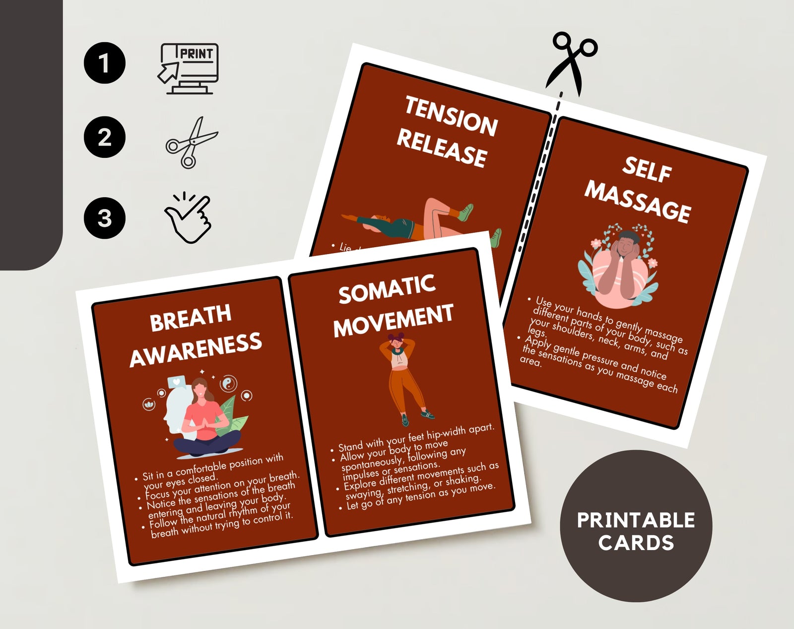 Somatic Therapy Exercises PDF - 24 Printable Cards - Release stress, r